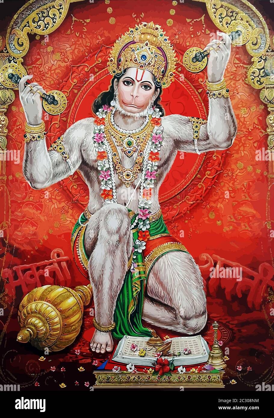 hanuman white indian holy god monkey jayanti red illustration Stock ...