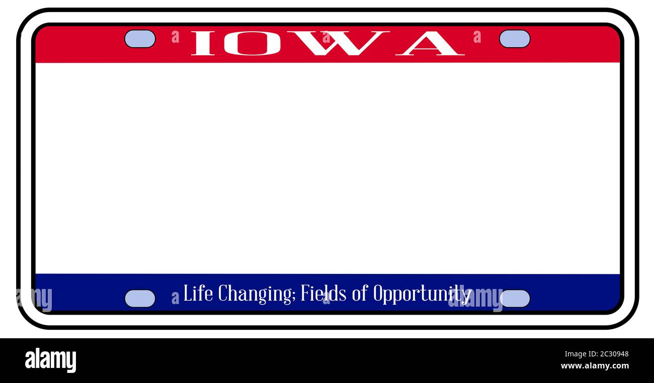 Blank Iowa state license plate in the colors of the state flag over a ...
