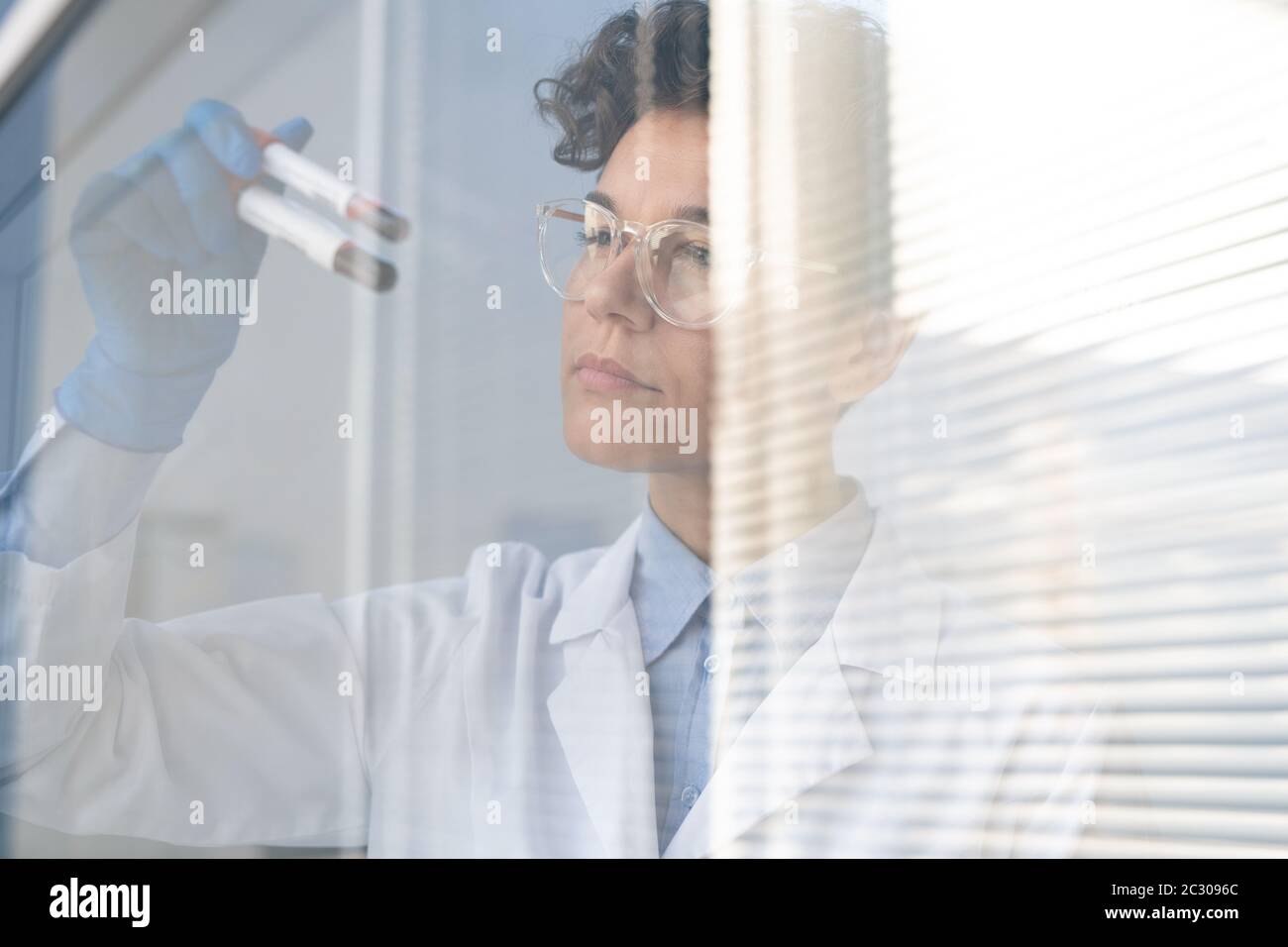 Busy female lab scientist standing at window and working with blood ...