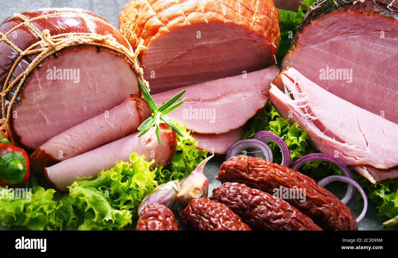 Composition with assorted meat products Stock Photo - Alamy
