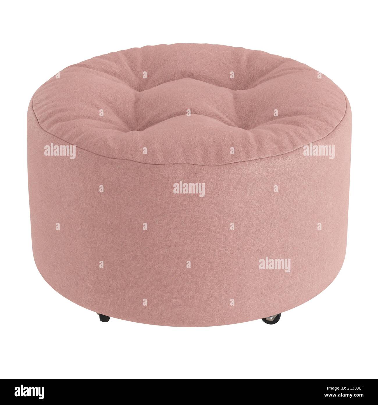 Light pink soft fabric round pouf on wheels on a white background. 3d ...