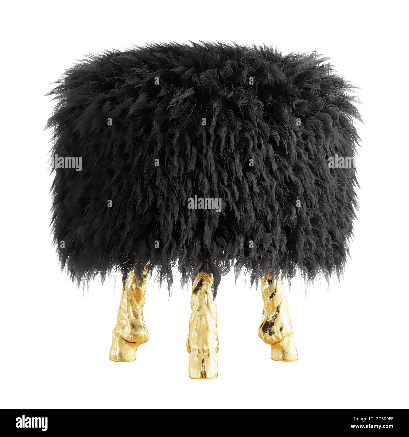 Black fluffy stool made of sheepskin wool on hooves on an isolated ...