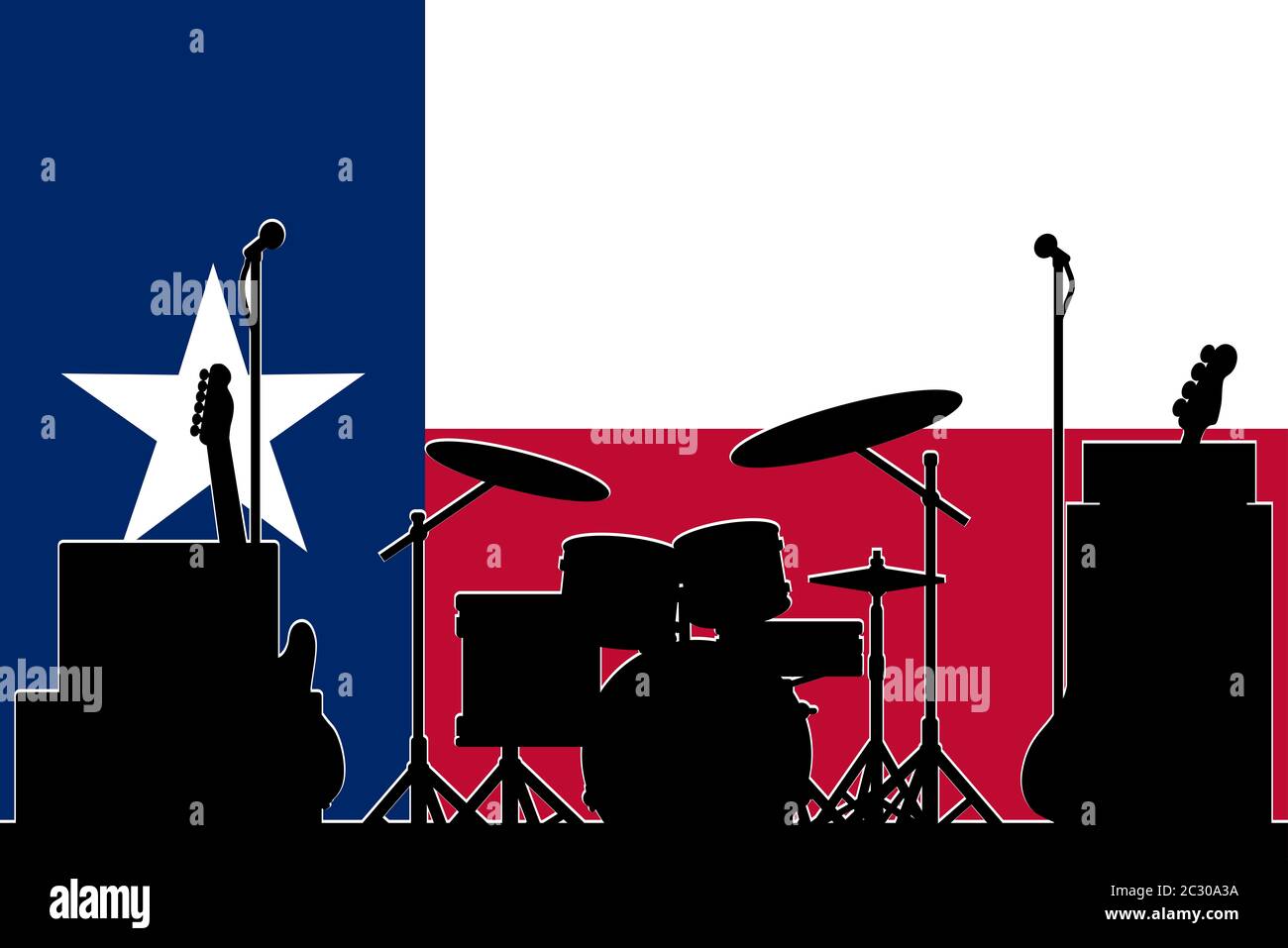 The flag of the USA state of TEXAS as a background to a bands equipment ...