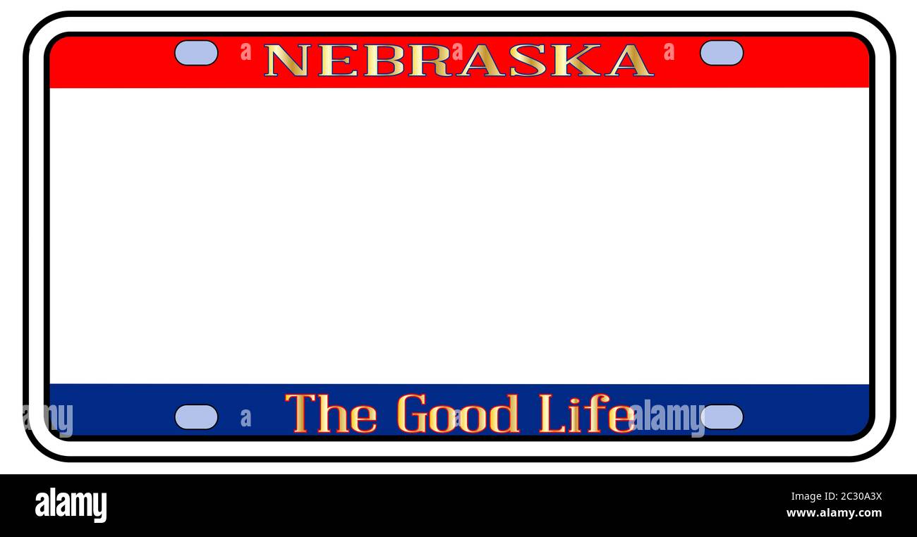 Blank Nebraska state license plate in the colors of the state flag over ...