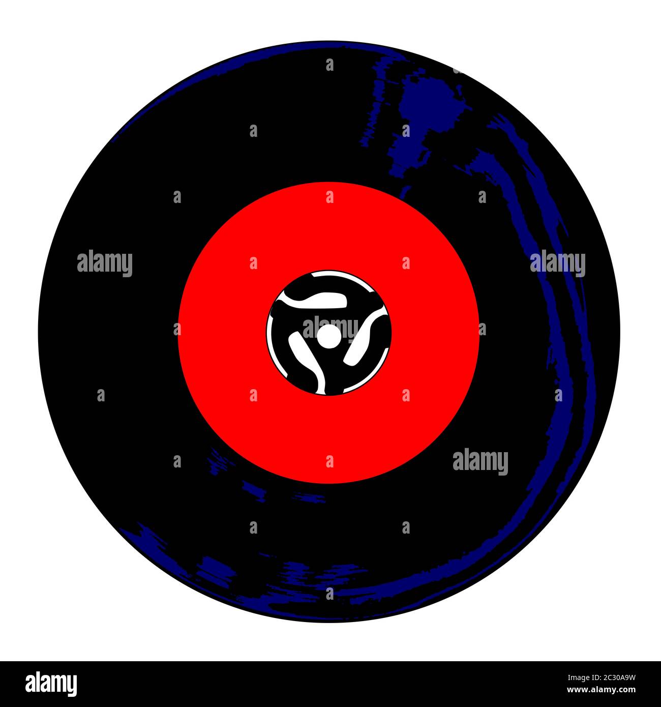 A typical 45 rpm vinyl record with a red blank labell over a white ...