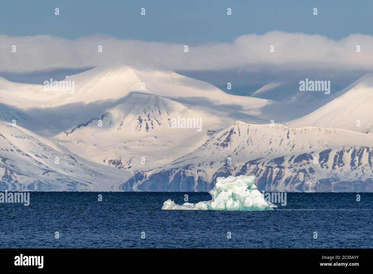 Iceberg in Isfjorden, Svalbard, with mountain background in evening ...