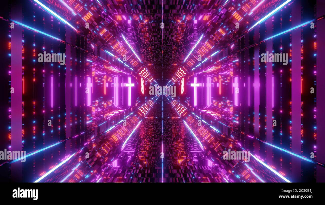 high reflective bricks textured futuristic sc-fi tunnel corridor with ...