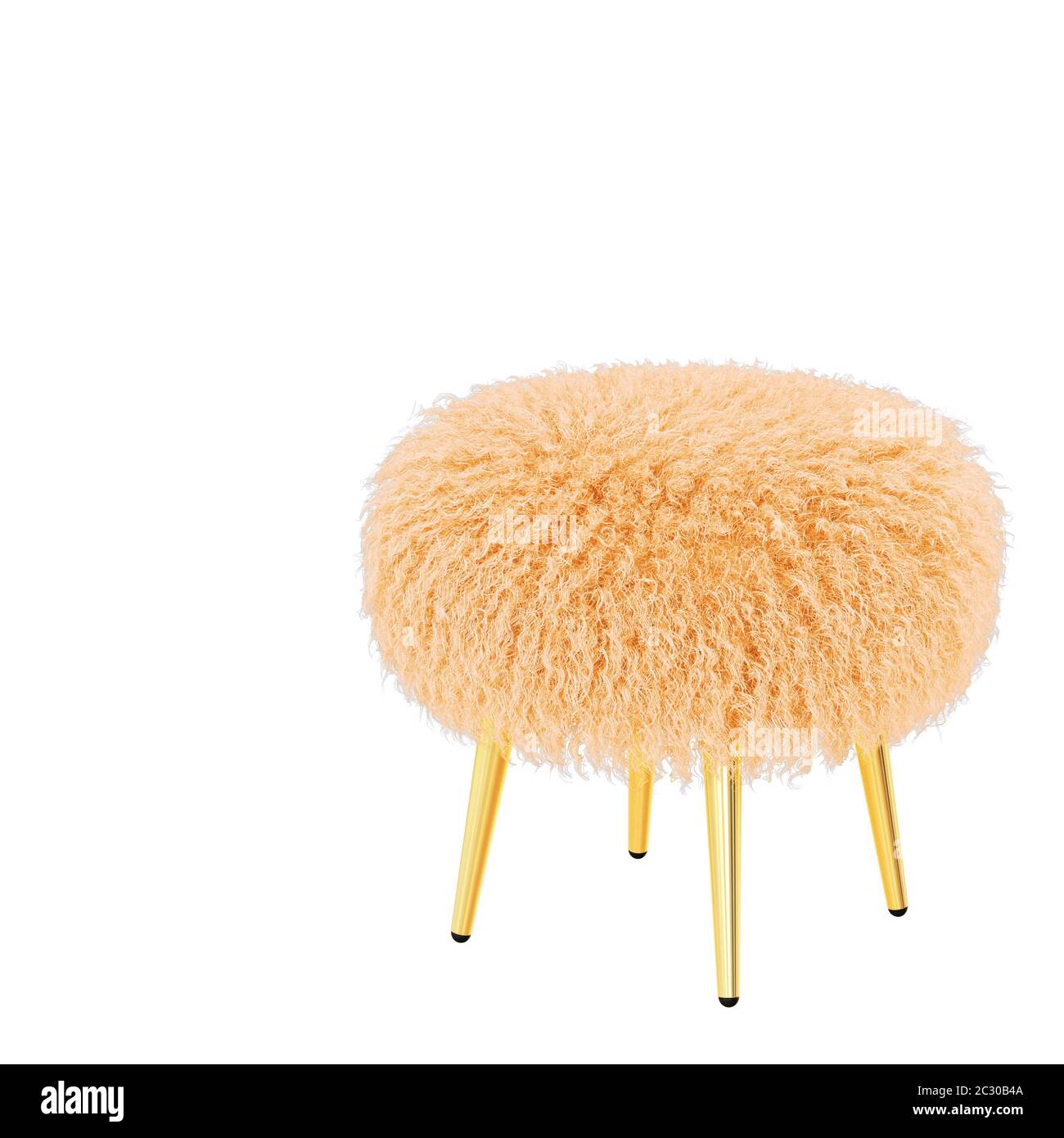 Yellow fluffy stool made of sheepskin wool on hooves on an isolated ...