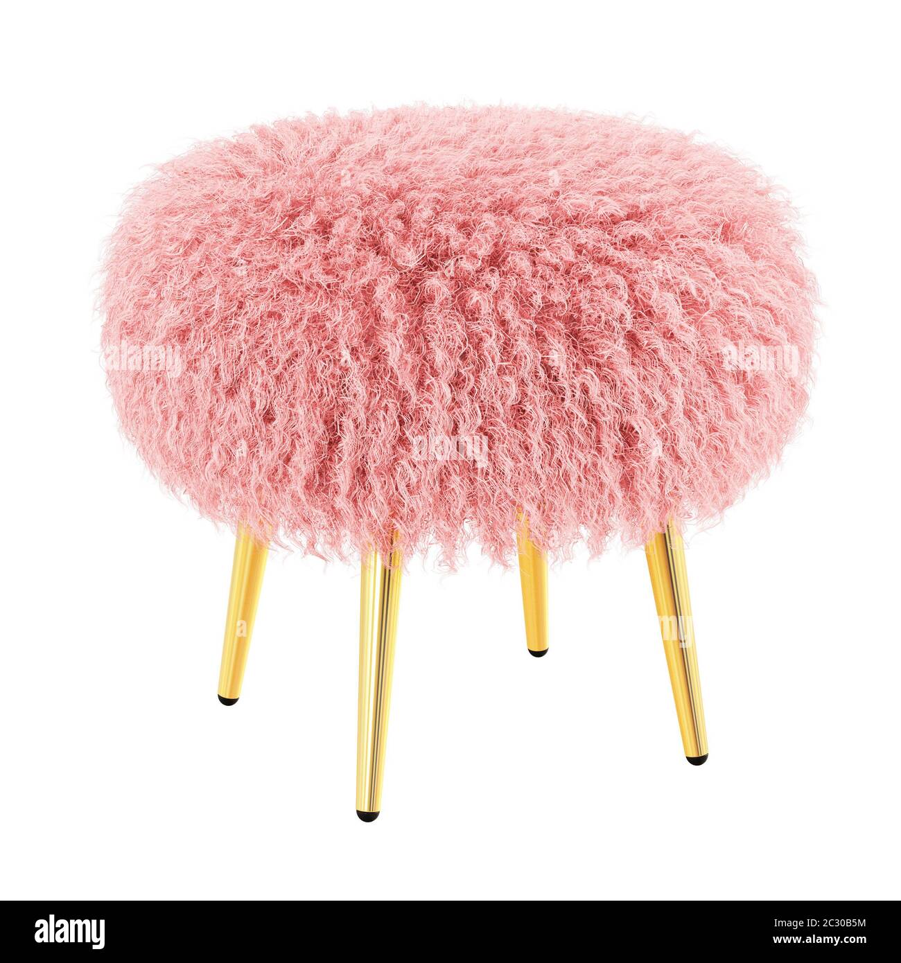 Pink fluffy stool made of sheepskin wool on hooves on an isolated ...