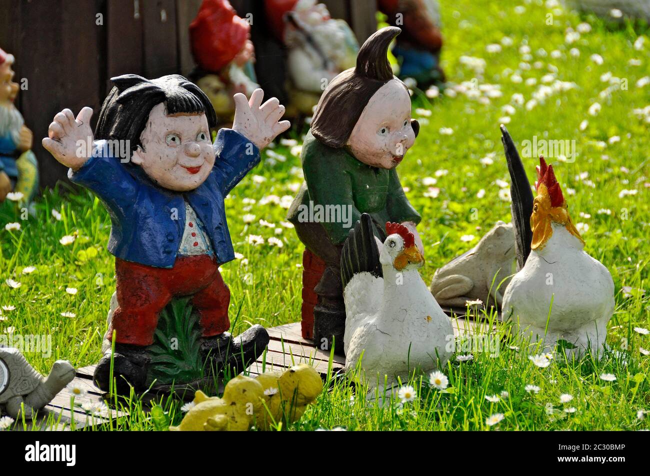 Garden gnomes from fairy tale max and moriz with chickens hi-res stock ...