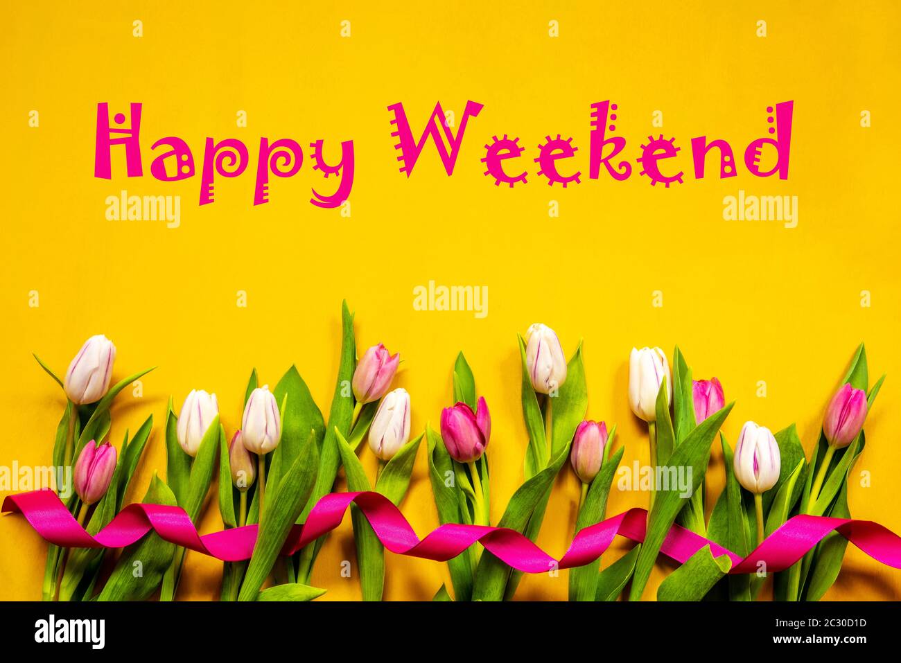 English Text Happy Weekend. White And Pink Tulip Spring Flowers With ...