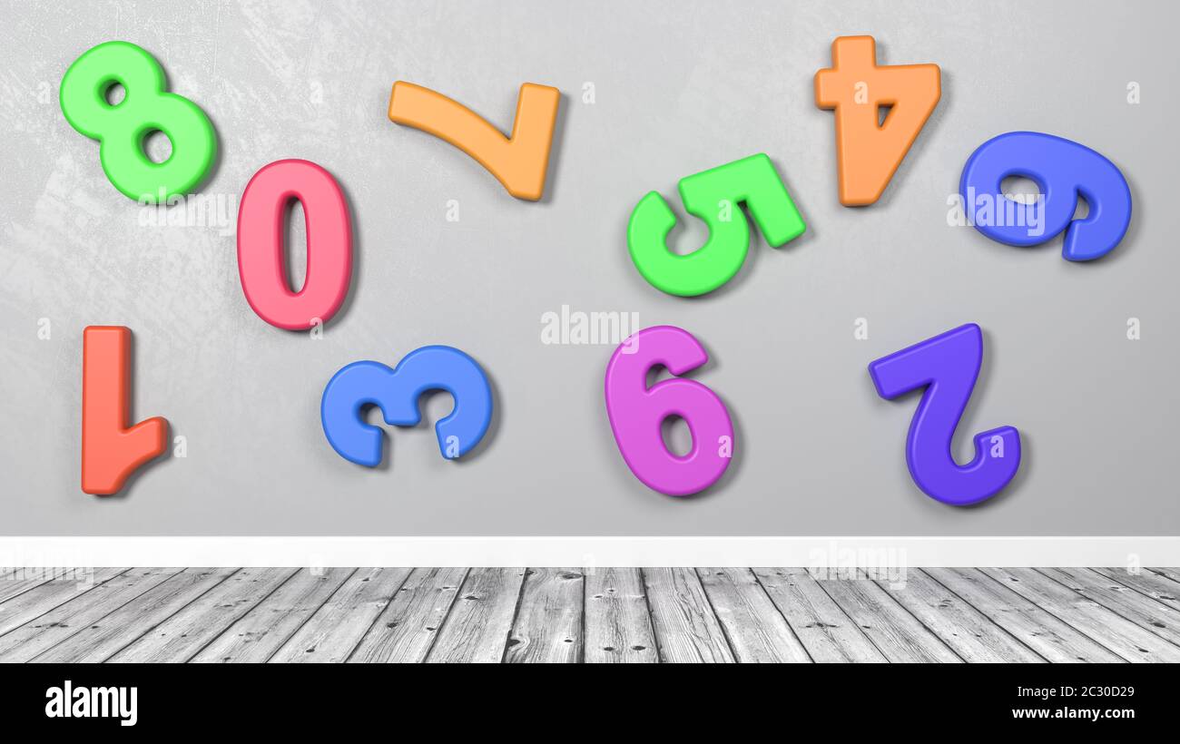 3D Colorful Numbers Against a Gray Wall in a Wooden Floor Room 3D ...