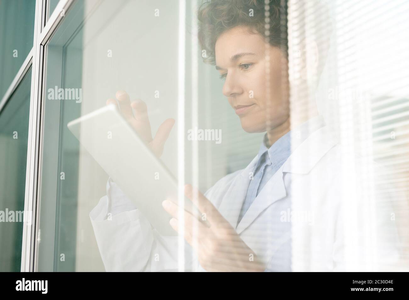 Busy female lab worker standing behind glassy wall of experiment room ...