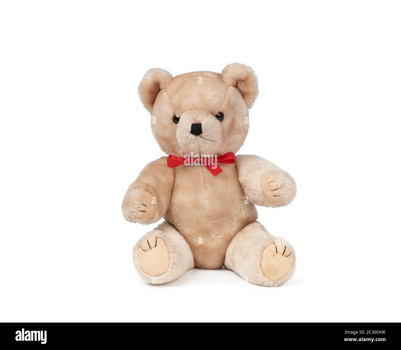 small brown teddy bear sits on a white isolated background, funny ...