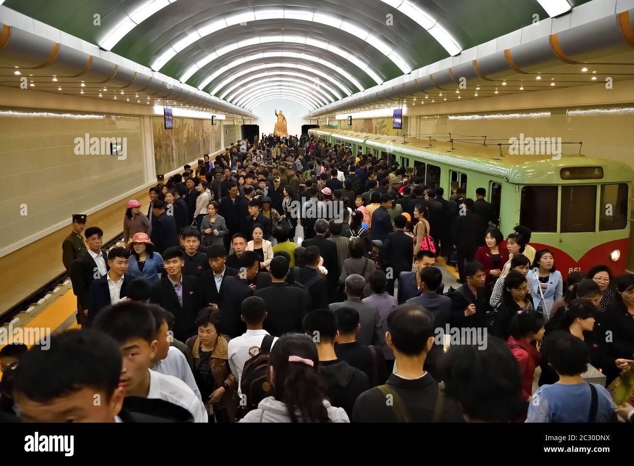 Pyongyang, North Korea - May 1, 2019: People at rush hour in the Kaeson ...