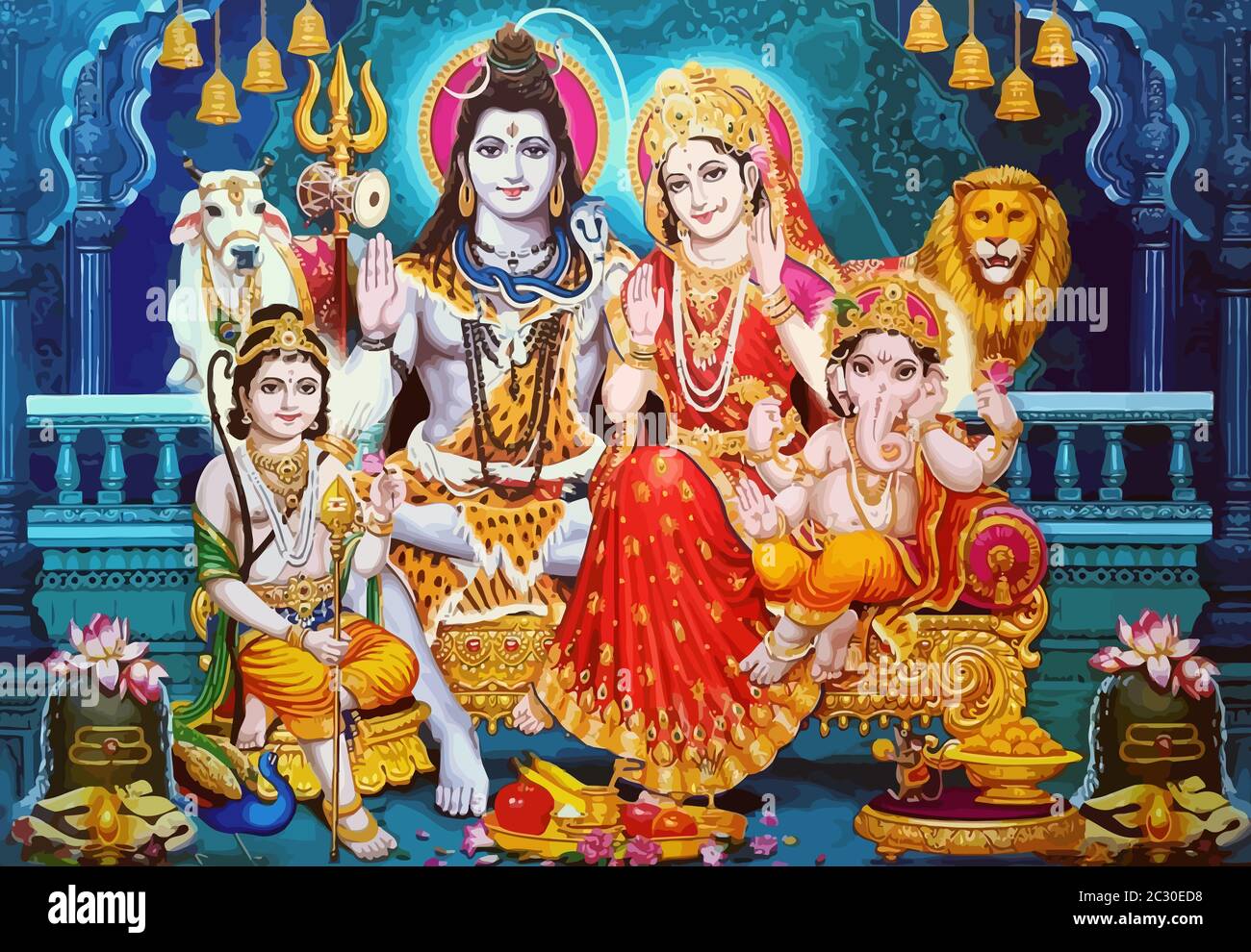 lady Saraswati and god Shiva holy elephant Ganasha hinduism lion ...