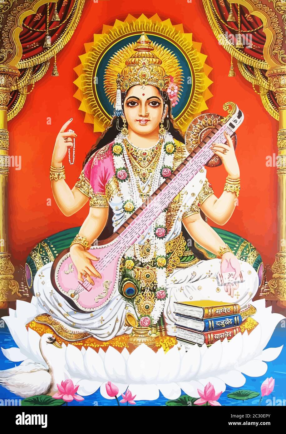 hinduism god Saraswati spiritual swan play veena white lotus holy red ...