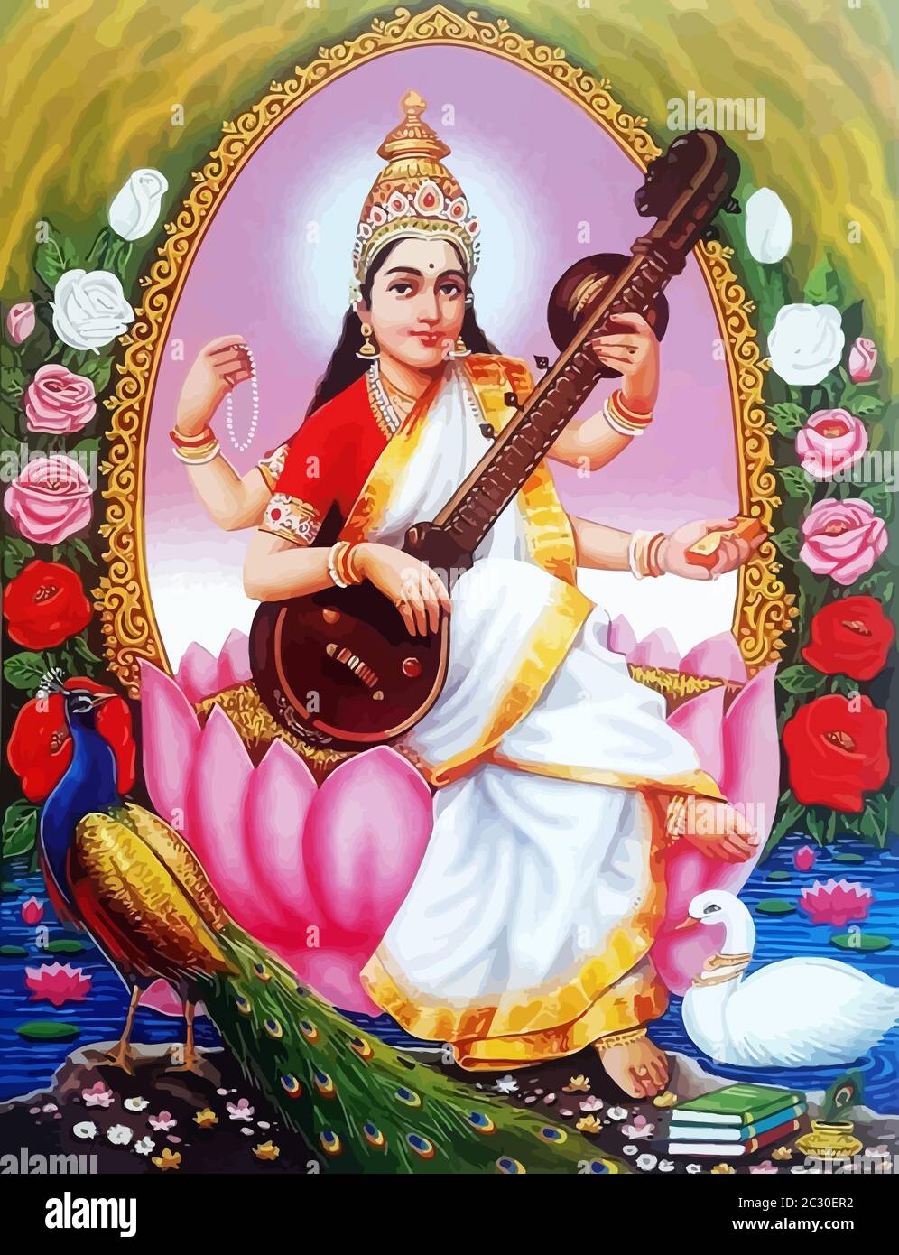 hinduism god Saraswati spiritual play veena holy culture illustration ...