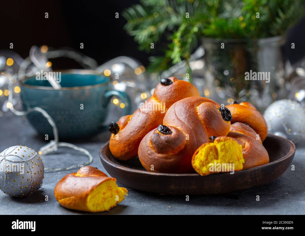 Bun with saffron, a traditional Swedish lussebulle or lussekatt Stock ...