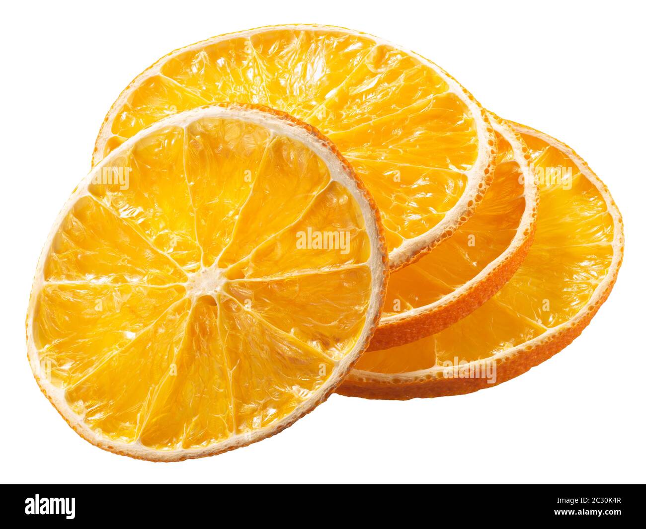Orange chips, a dried thin slices of Citrus x sinensis fruit, isolated ...
