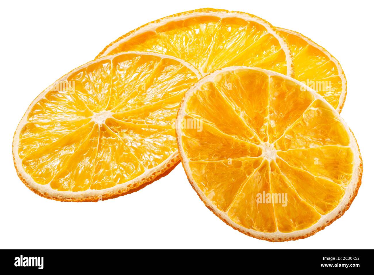 Orange chips, a dried thin slices of Citrus x sinensis fruit, isolated ...
