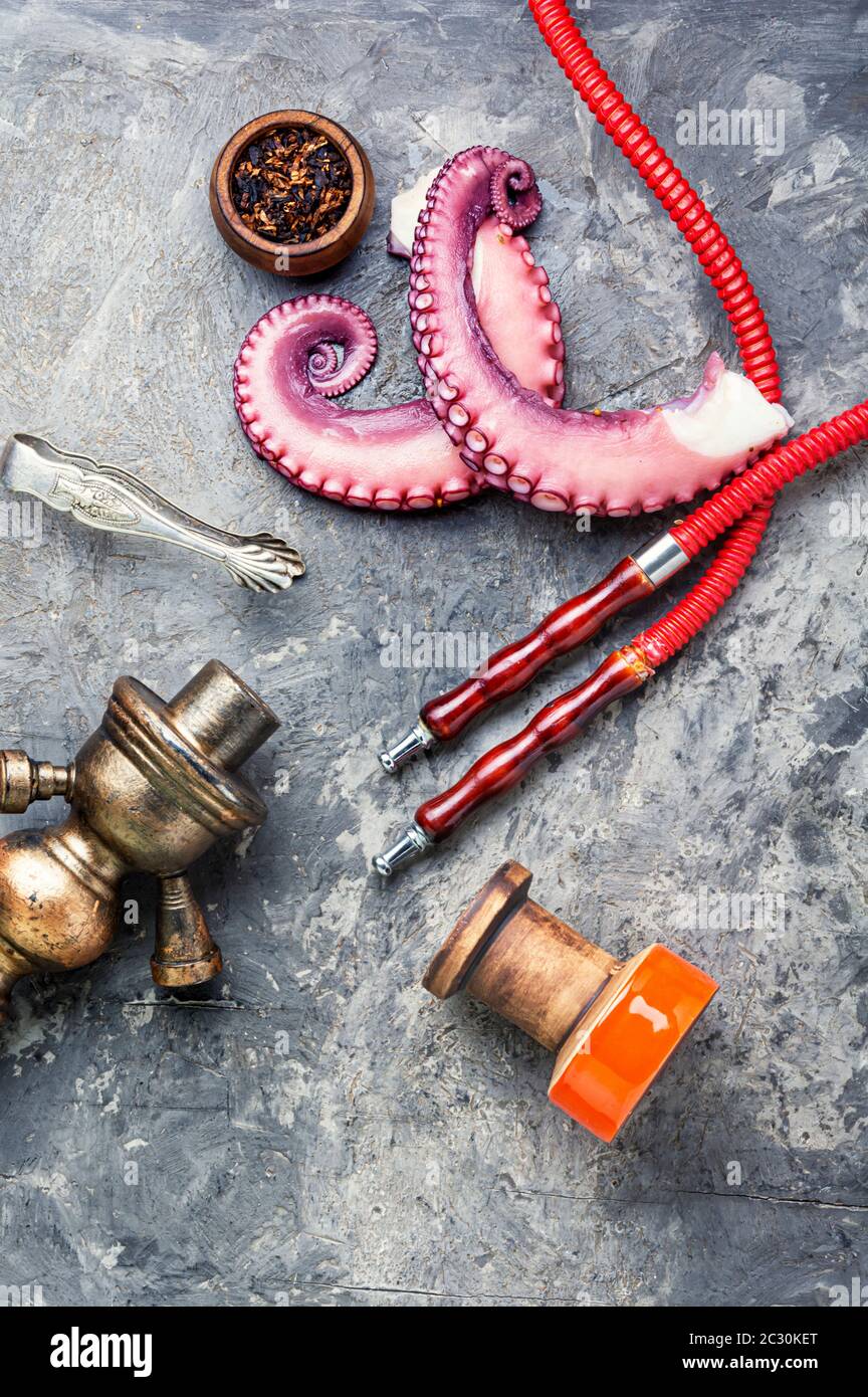 Oriental smoking shisha.Asian hookah tobacco.Octopus hookah tobacco ...