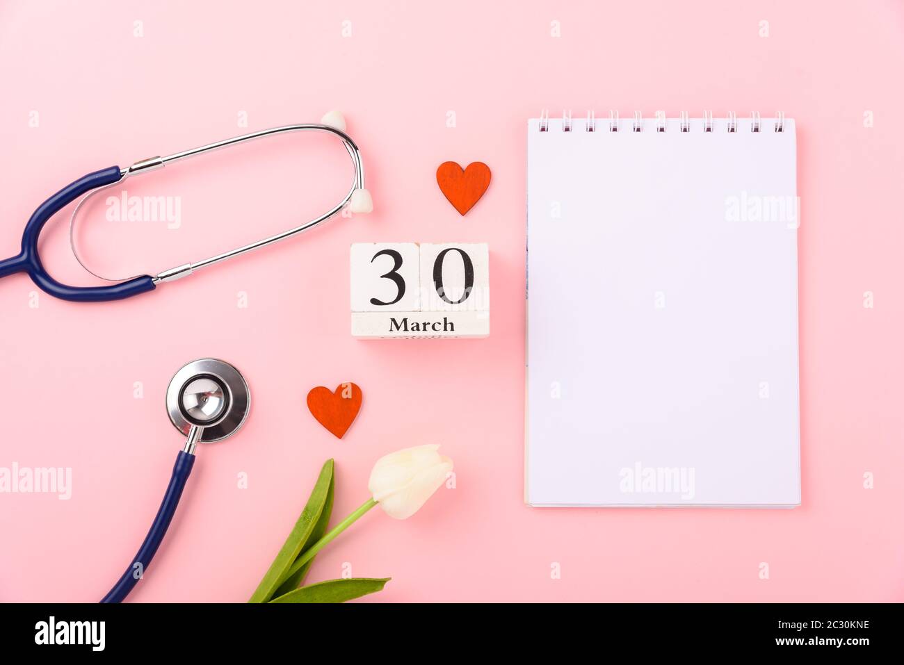 Doctor's Day concept, flat lay top view, equipment medical red heart ...