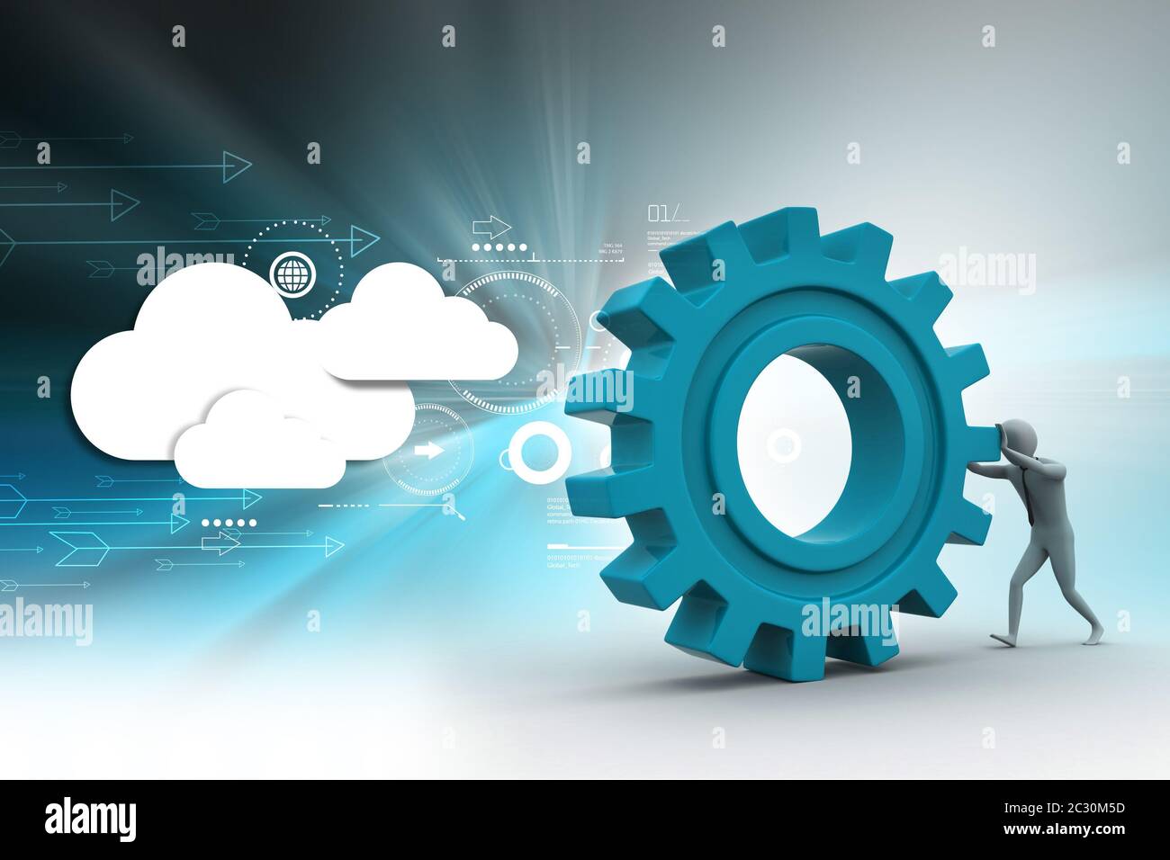 Man pushing gear wheel in color background Stock Photo - Alamy