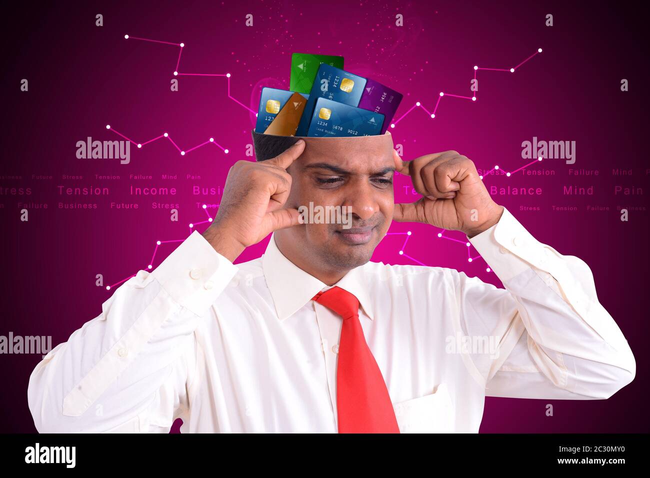 Man head fill with debit cards Stock Photo - Alamy