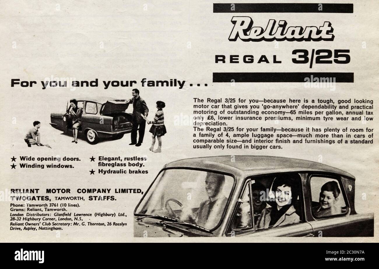 Vintage advertisement for the British Reliant Regal 3/25 three wheeled ...