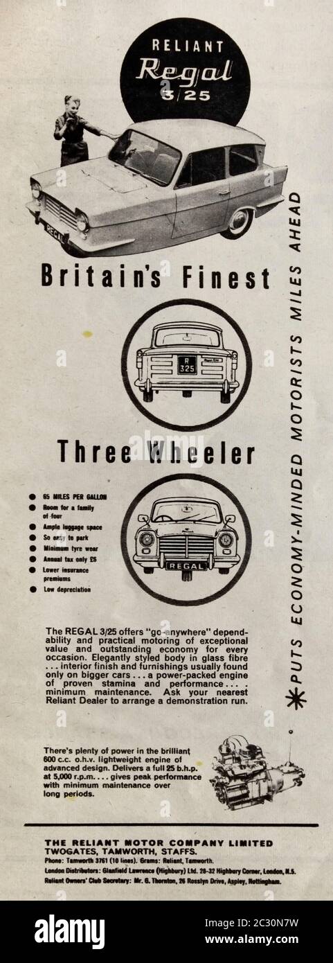 Vintage advertisement for the British Reliant Regal 3/25 three wheeled ...