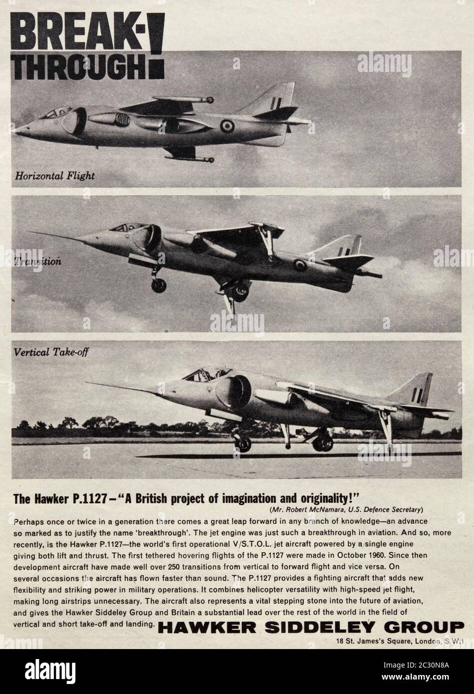 Vintage advertisement for the Hawker Siddeley P1127 (Harrier) military ...