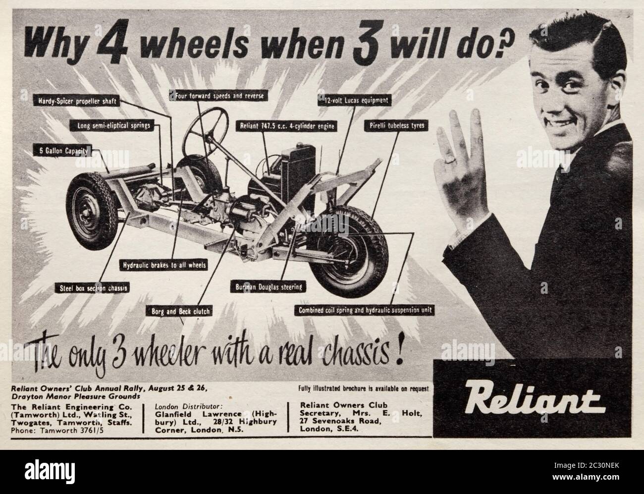 Vintage advertisement for the British Reliant three wheeled saloon car ...