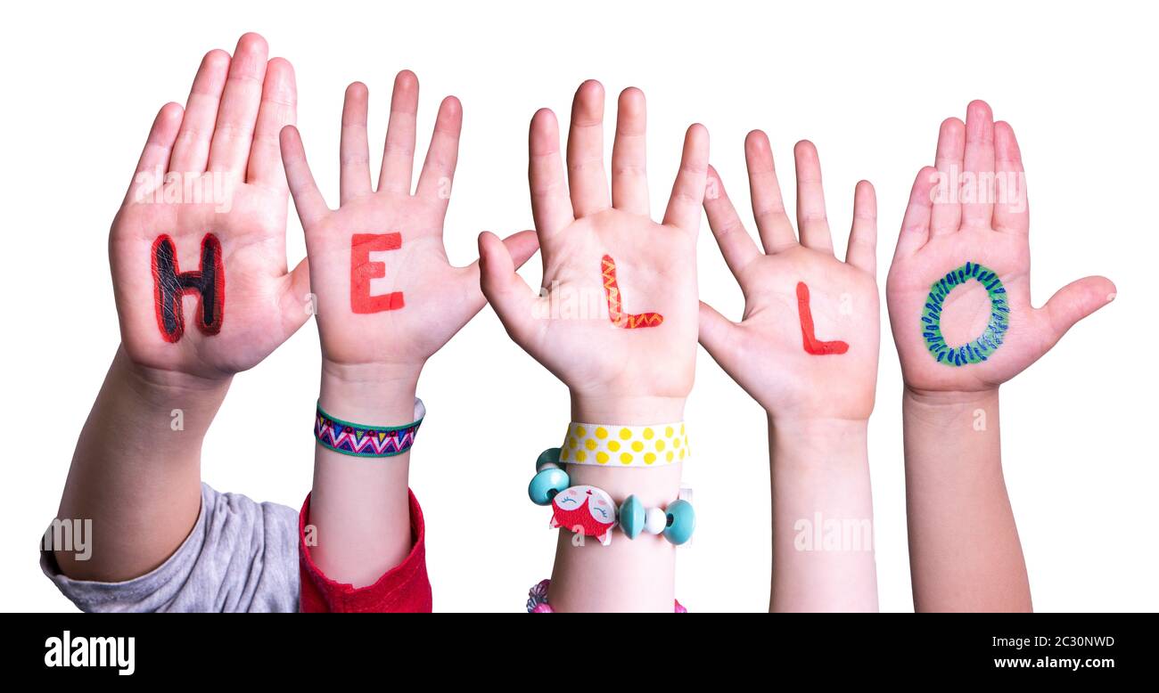 Children Hands Building Colorful Word Hello. White Isolated Background ...