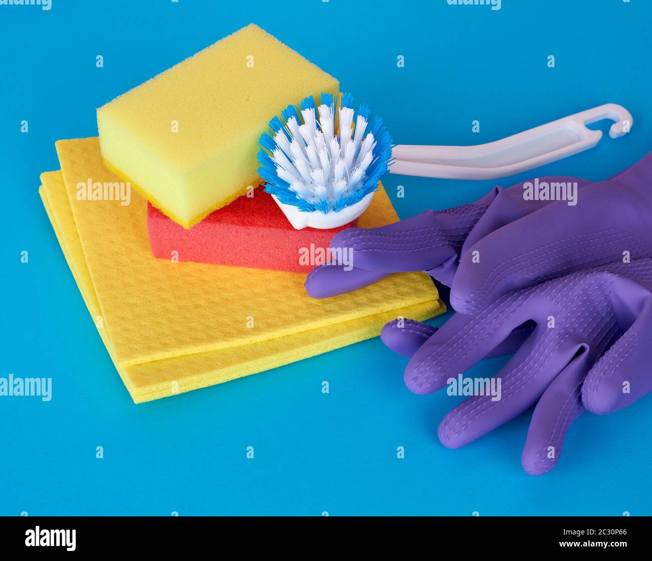 multi-colored kitchen sponge, white plastic brush, rubber purple gloves ...