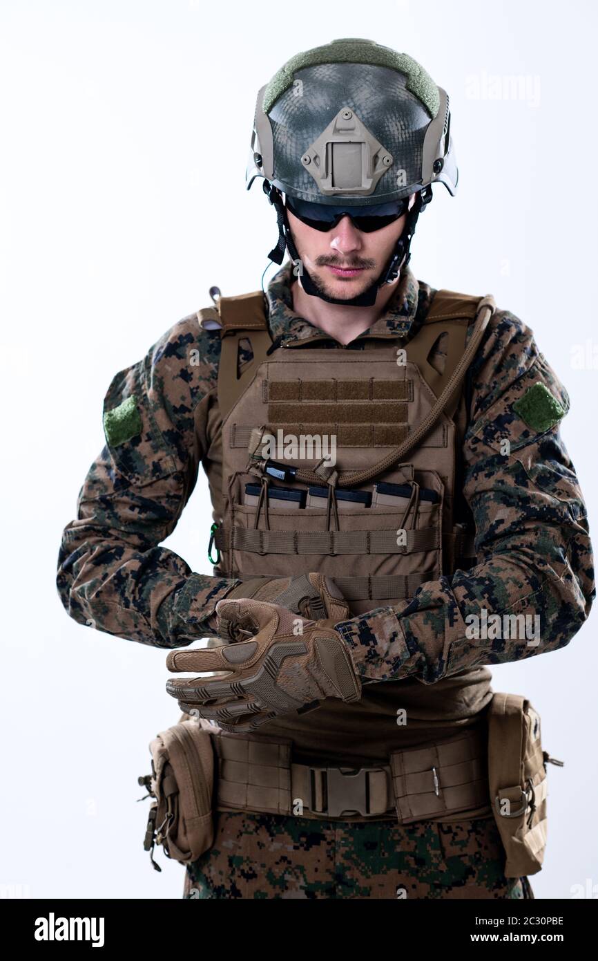 closeup of soldier hands putting protective battle gloves Stock Photo ...