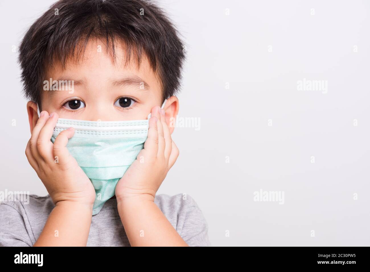 Closeup Asian face, Little children boy sick he using medicine ...