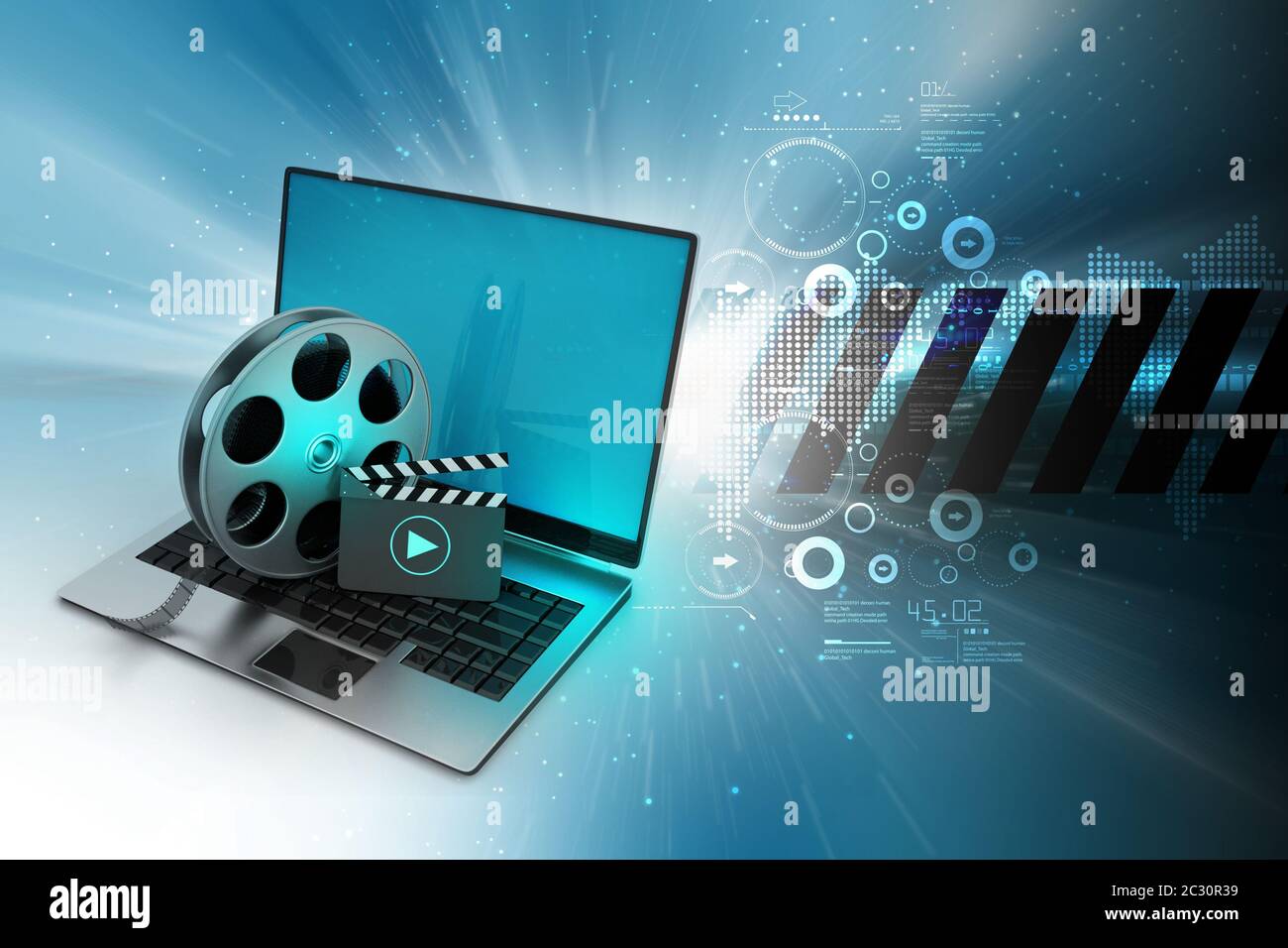 Laptop with reel wheel and clap board in color background Stock Photo ...