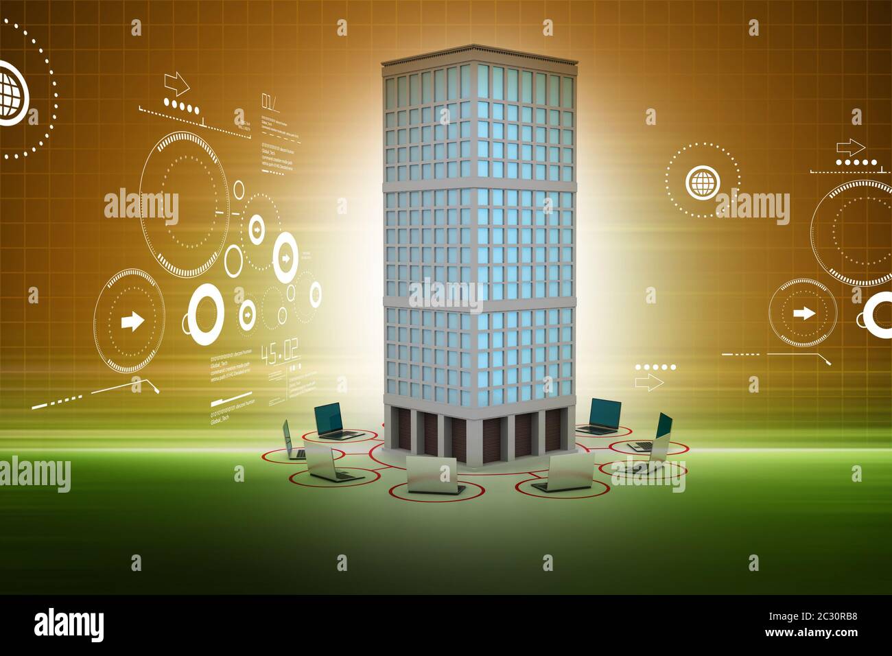 Computer network around the building in colour back ground Stock Photo ...