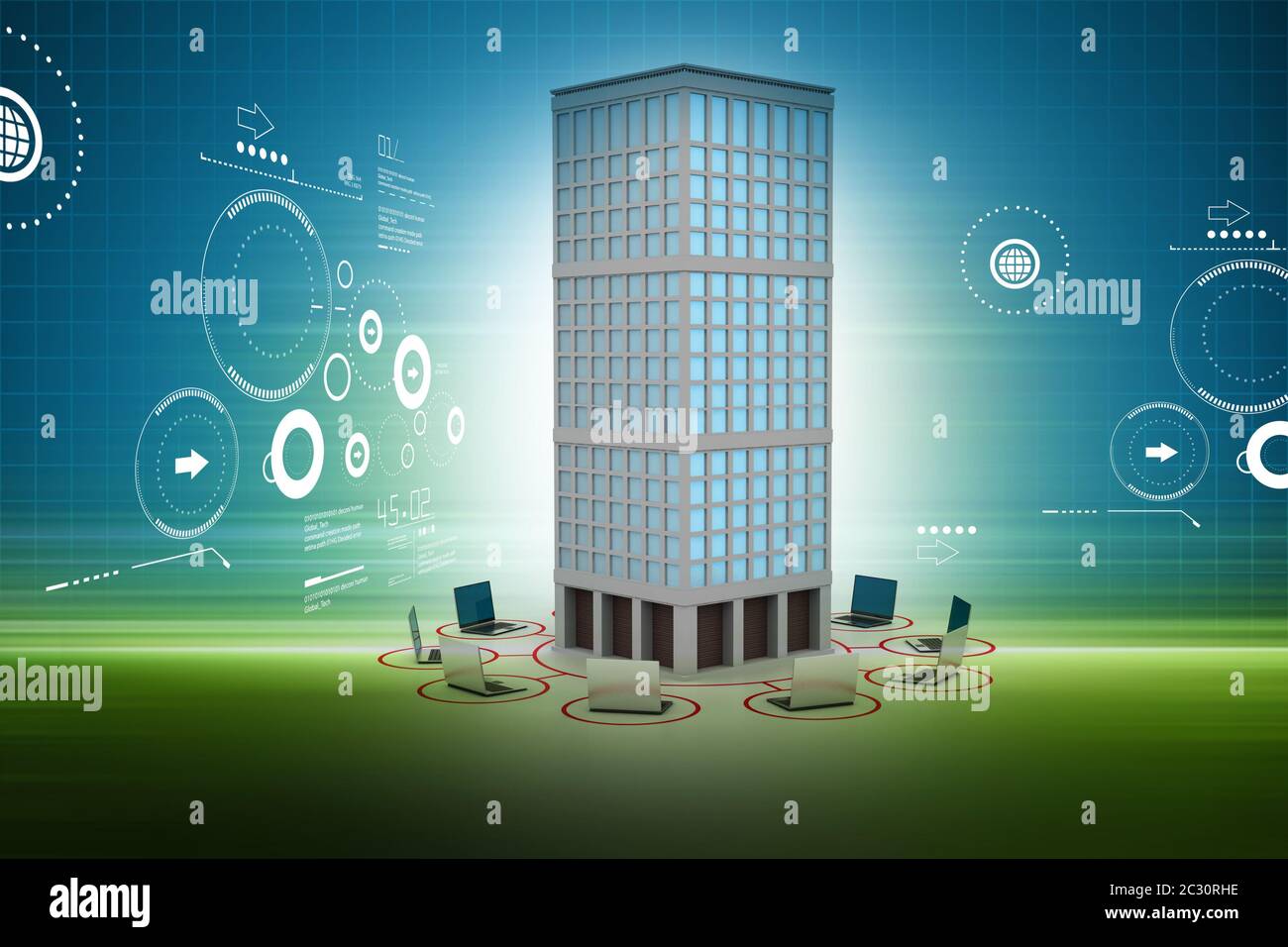 Computer network around the building in colour back ground Stock Photo ...