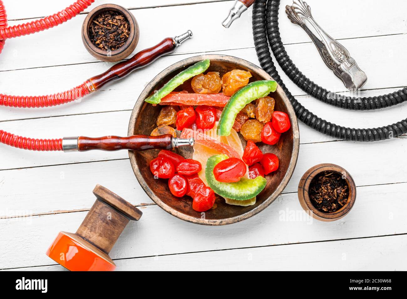 Shisha with dried fruits.Smoking hookah or shisha with tobacco aroma of ...