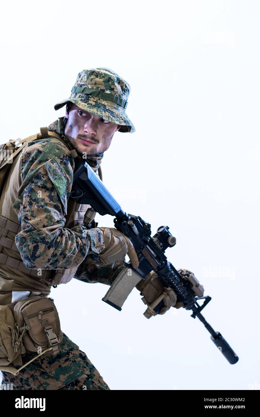 soldier in action aiming laseer sight optics Stock Photo - Alamy