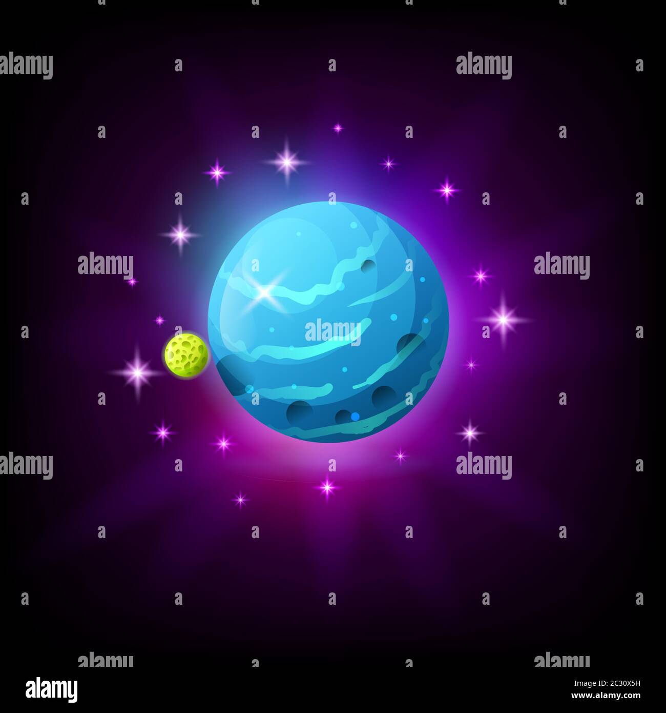 Blue planet with rings icon for game or mobile app on dark background ...