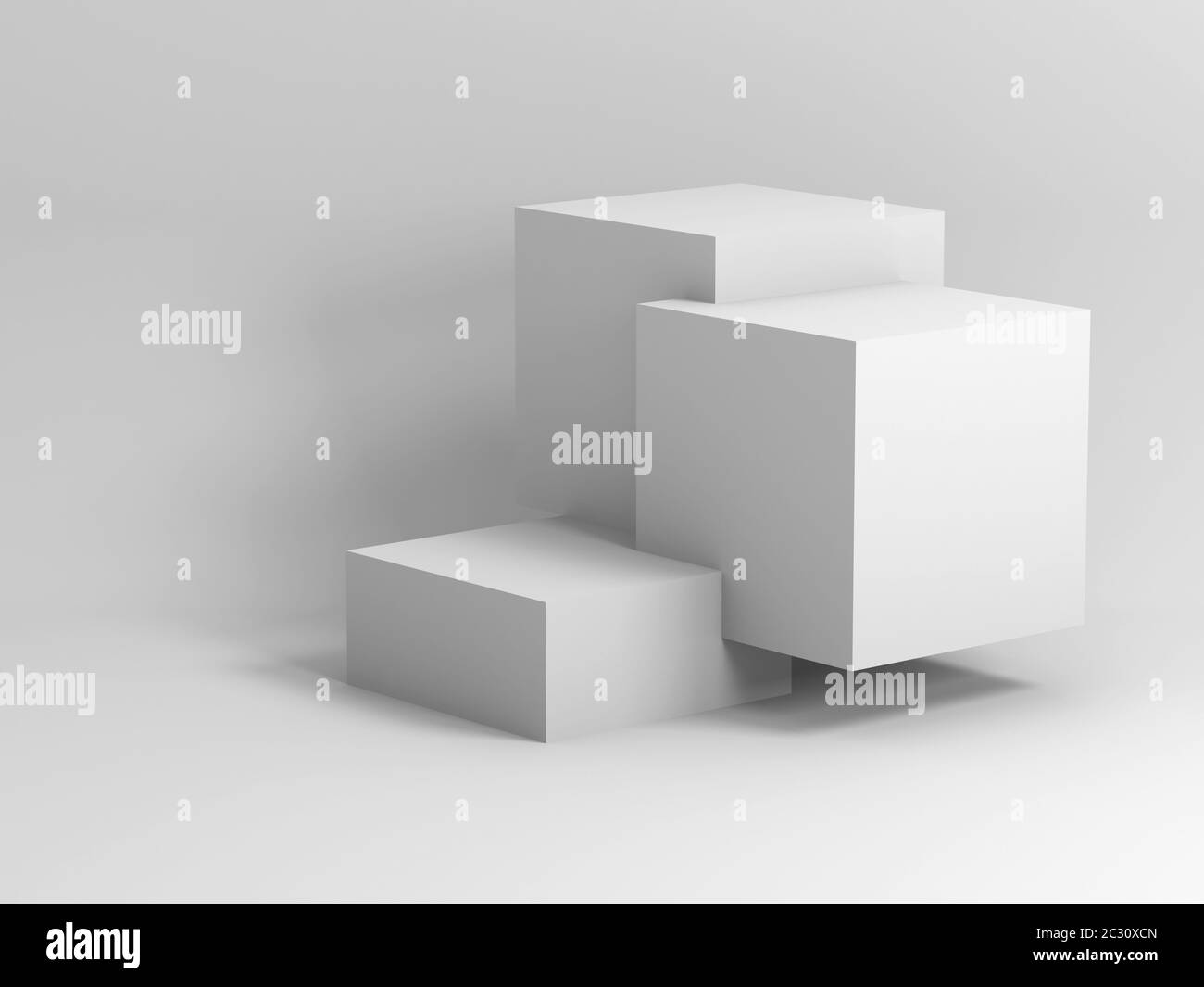 Abstract geometric installation, podium of cubes over white background ...