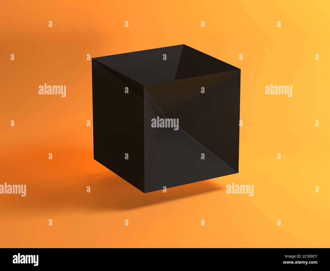 Abstract geometric installation, black triangular cube over yellow ...