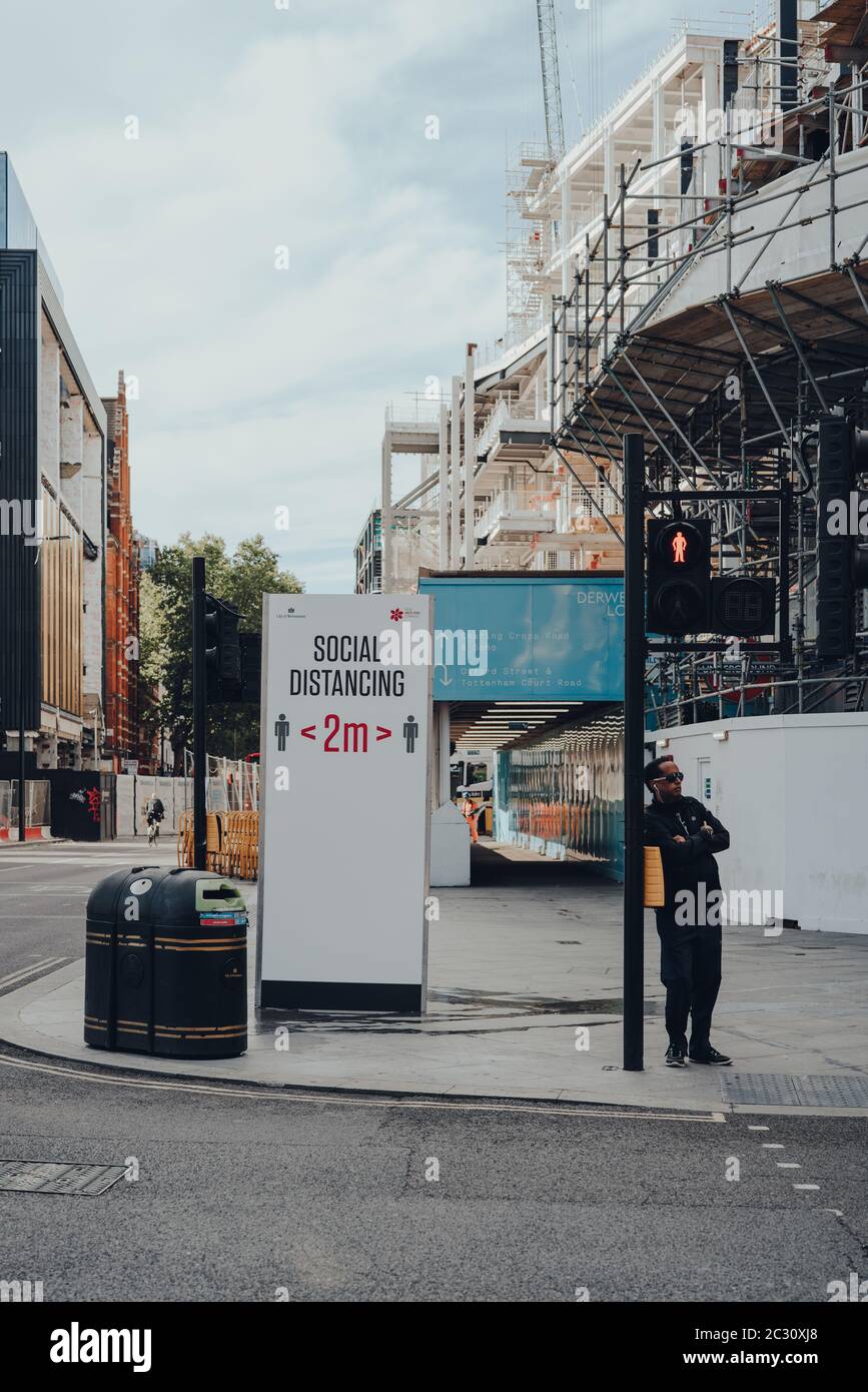 London, UK - June 13, 2020: Social distancing sign on empty New Oxford ...