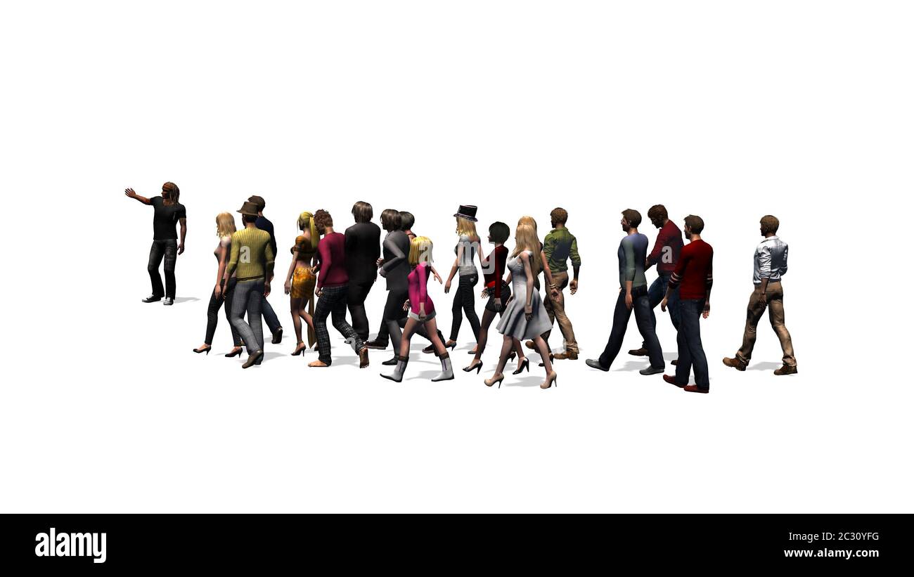 People - a group of women and men following the direction of a man ...