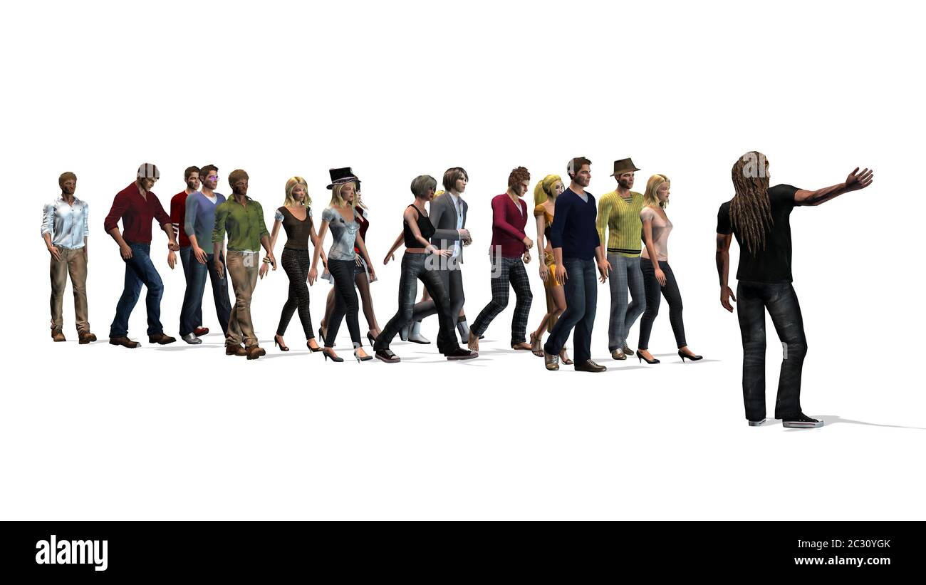 People - a group of women and men following the direction of a man ...