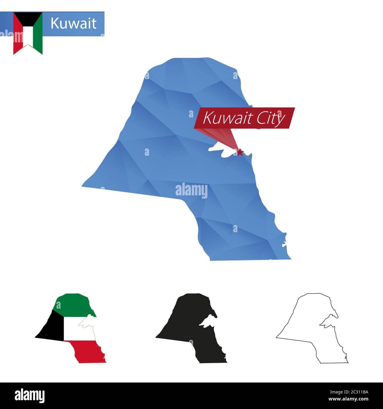 Kuwait blue Low Poly map with capital Kuwait City, versions with flag ...