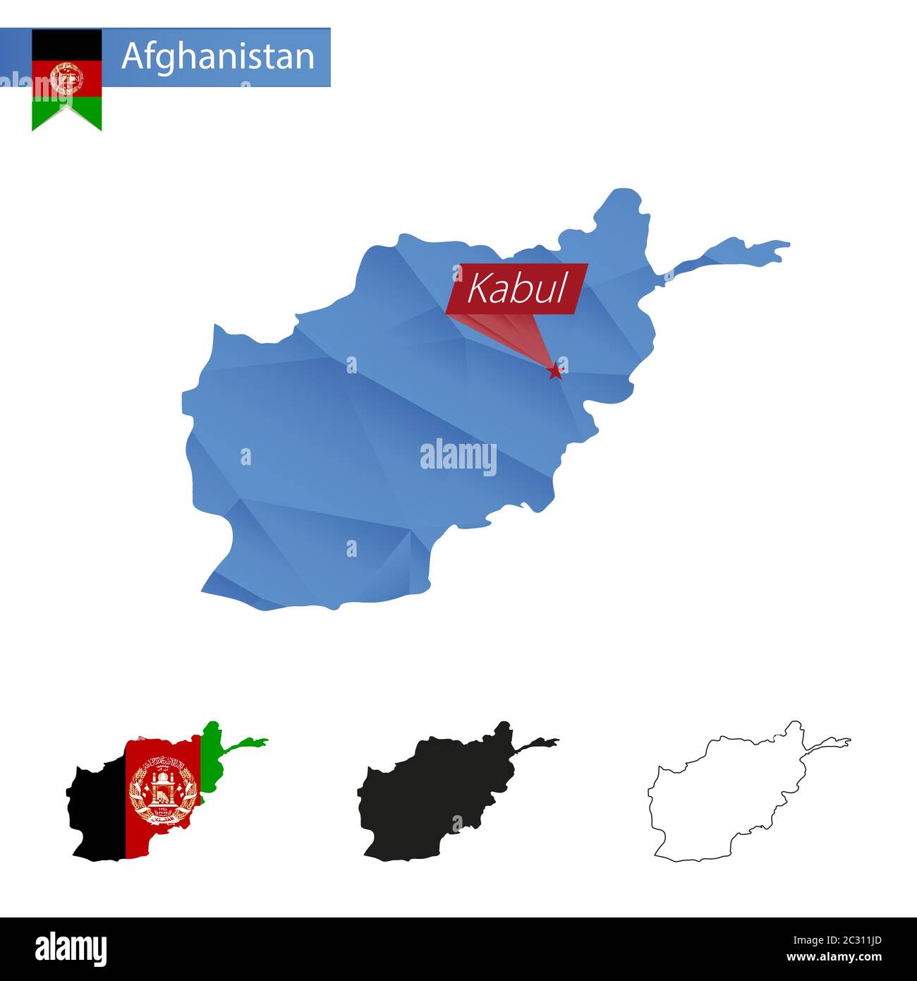 Afghanistan blue Low Poly map with capital Kabul, versions with flag ...